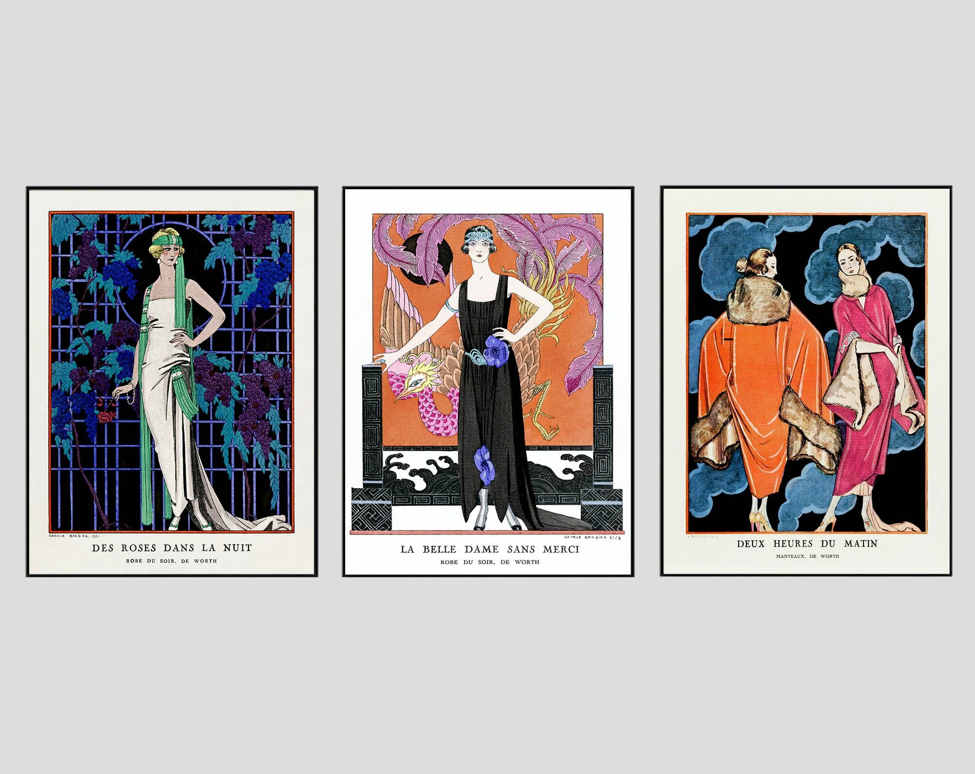 Набор интерьерных постеров "Мода Арт-Деко", Жорж Барбье, А3 без рамы. 3 винтажных плаката в стиле модерн George Barbier - "Журнал Мод Vogue и Харпер Базар"