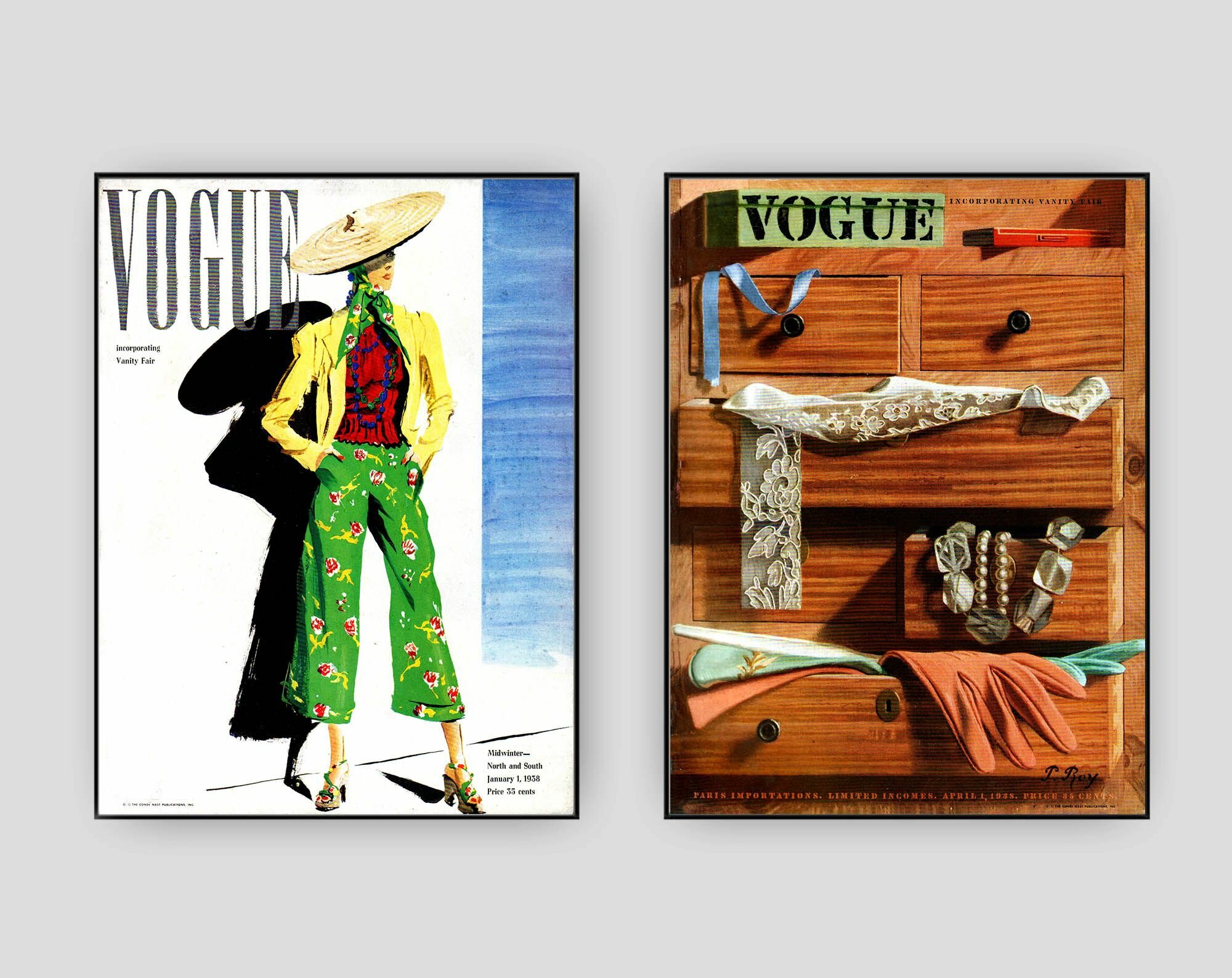 Набор интерьерных постеров "Культовые Обложки Vogue 1938" 2 шт, А3 без рамы. Репродукции винтажных журналов Вог - Мода и Стиль для Женщины.