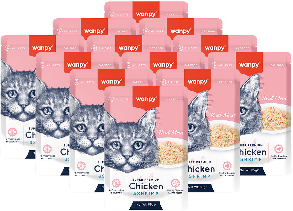 Влажный корм Wanpy Cat Chicken & Shrimp для кошек с курицей и креветками пауч, 85 г 12 шт