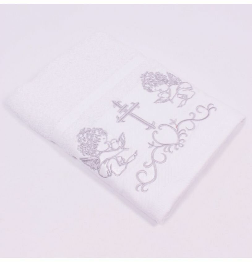 Полотенце детское крестильное махровое белое с вышивкой "Ангелы с голубями" Серебро 70х140 см