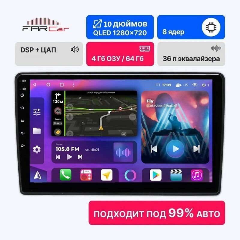Магнитола 10 дюймов 4/64ГБ Android 13, 8 ядер, IPS экран, 4G модем, TDA 7388, DSP ROHM 37534, радиочип SI 4755