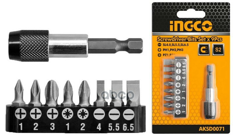 Набор бит 1/4" SL 4-6.5, PH 1-3, PZ 1-2 с магнитным держателем 9 предметов INGCO INGCO арт. AKSD0071