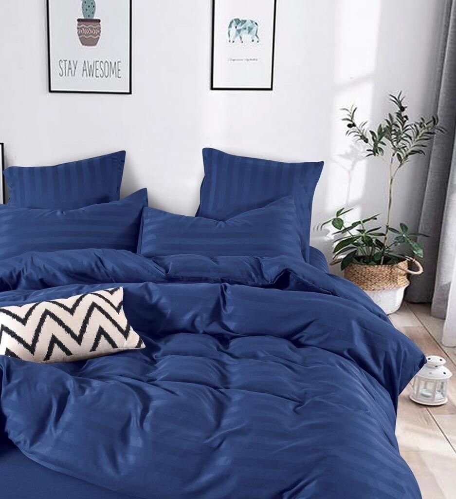 Комплект Постельного белья 2х Спальное Страйп Сатин на резинке по кругу - Синий / 2х спальное / простыня 160x200+25см./ пододеяльник 180x220 см/ Наволочки 70x70-2