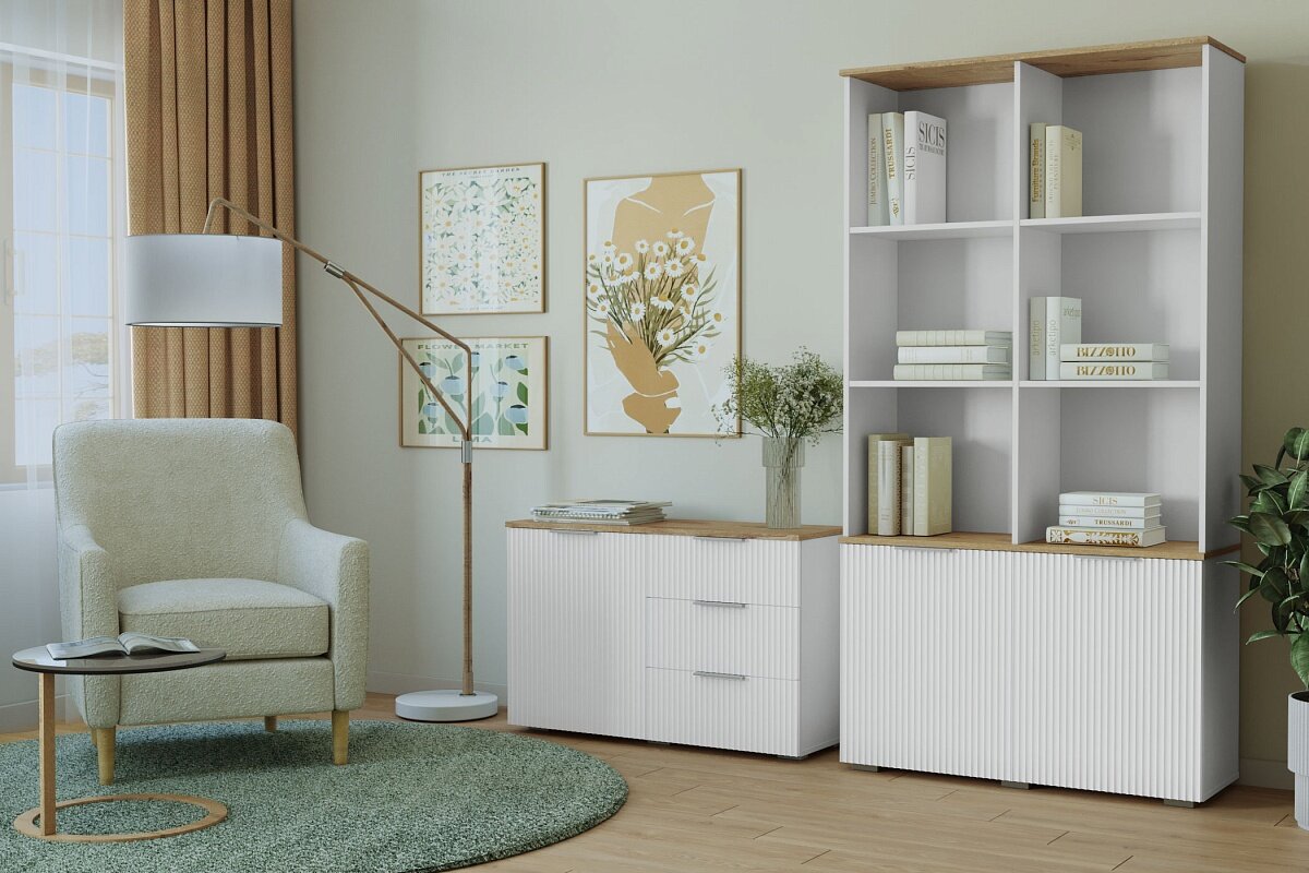 Гостиная МебельЛэнд24 Салерно - 3 Белый 198x46x190 с комодом со стеллажом