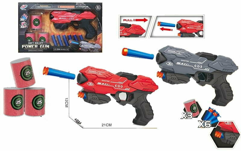 Набор "Тир" (10 предметов) с бластером(длина 19см) в коробке банка-мишень(3), мягкая пуля на присоске(6); магазин на 2 пули