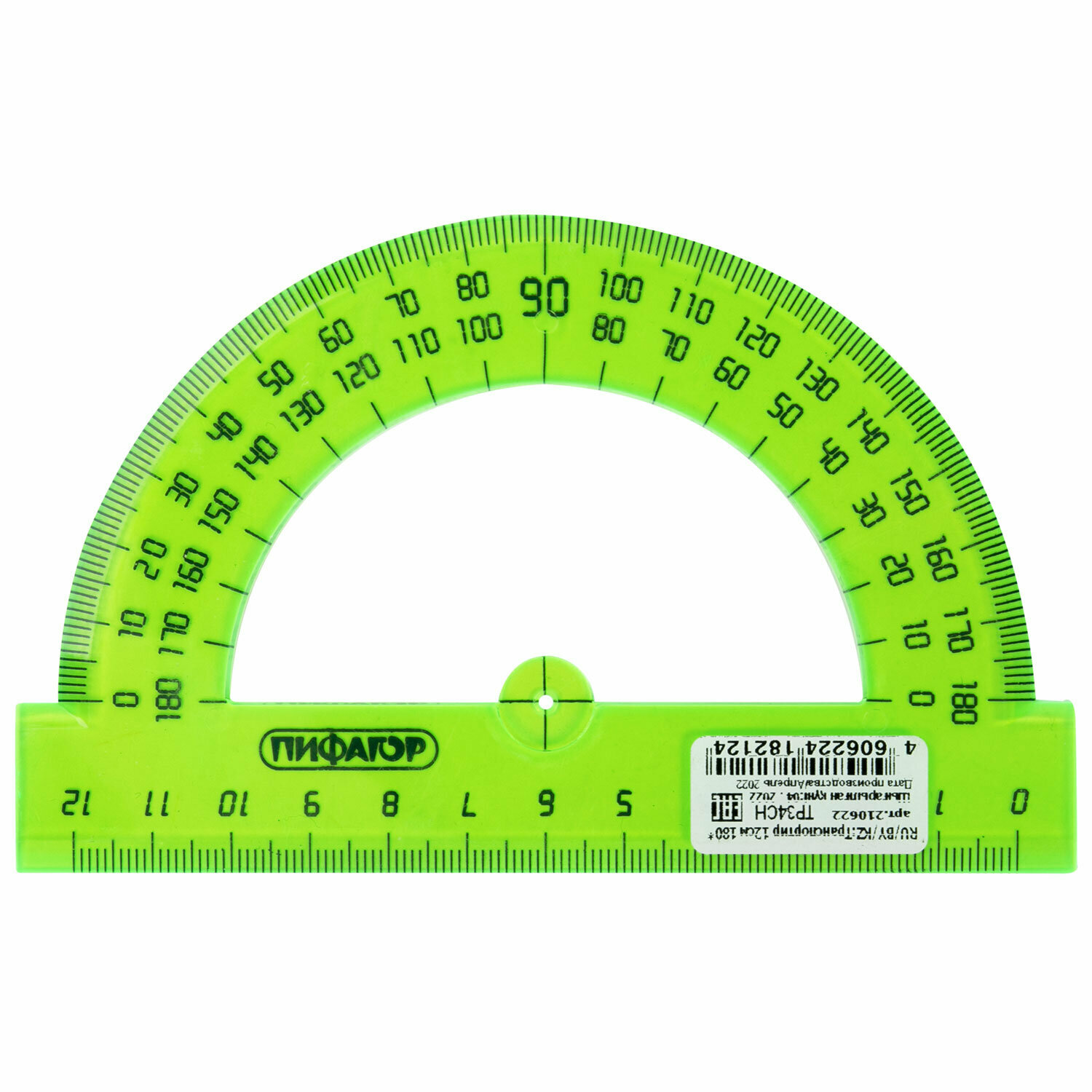 Упаковка 60 шт. Транспортир 12 см, 180 градусов, пифагор, прозрачный, неоновый, ассорти, 210622