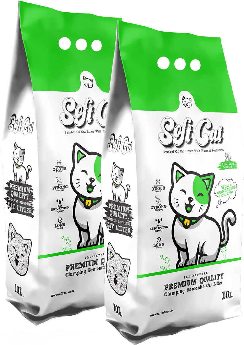 SOFT CAT ALOE VERA наполнитель комкующийся для туалета кошек с ароматом алоэ вера (10 + 10 л)