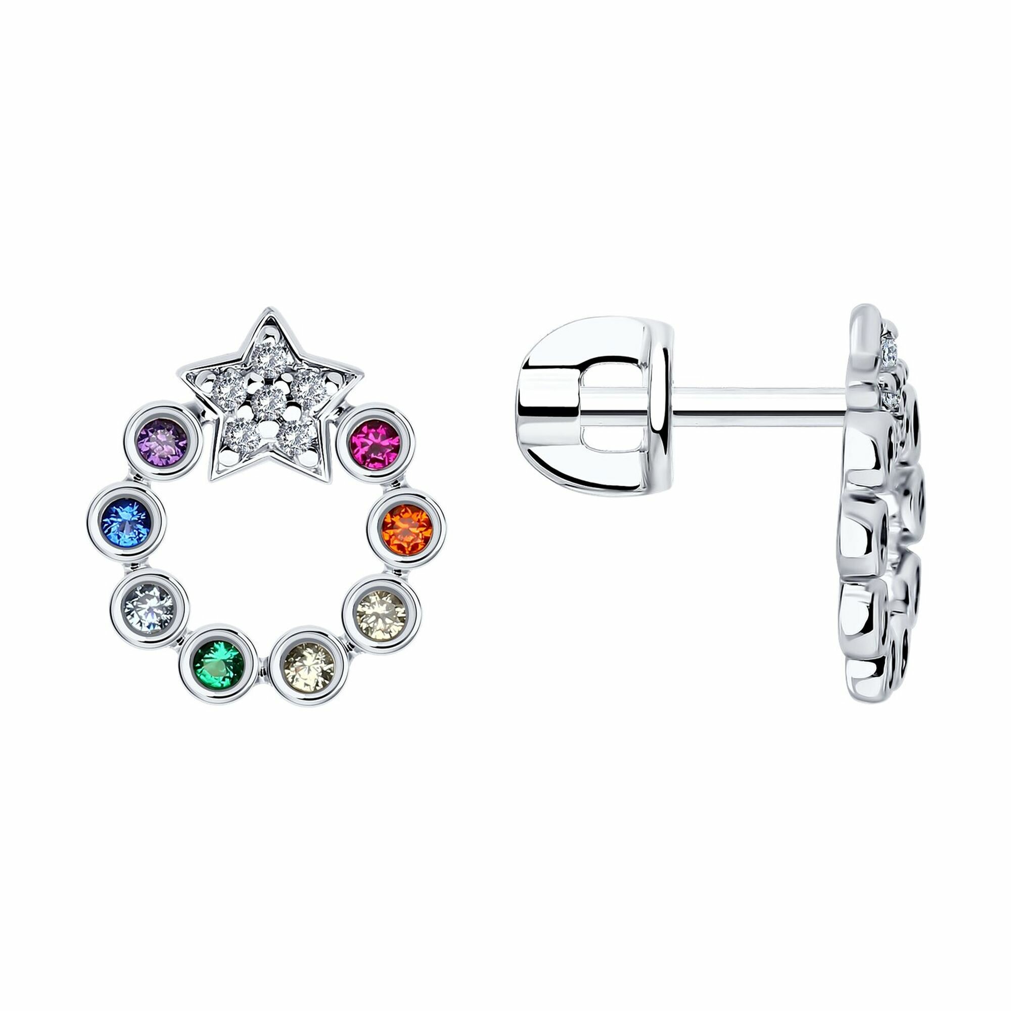 Серьги пусеты, серебро, 925 проба, родирование, фианит, корунд