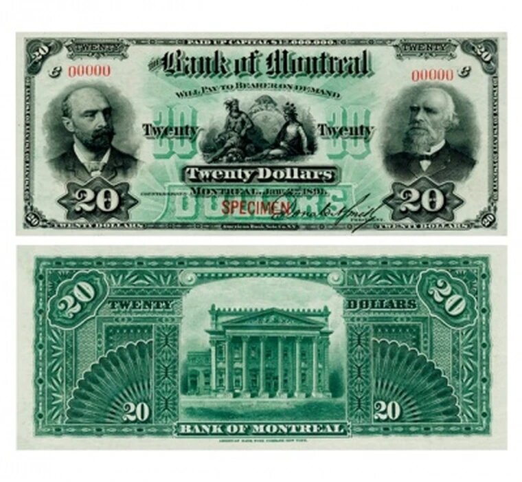 20 долларов 1891 Канада Монреаль, надпечатка образец, сувенирная копия, банкноты и купюры редкие коллекционные