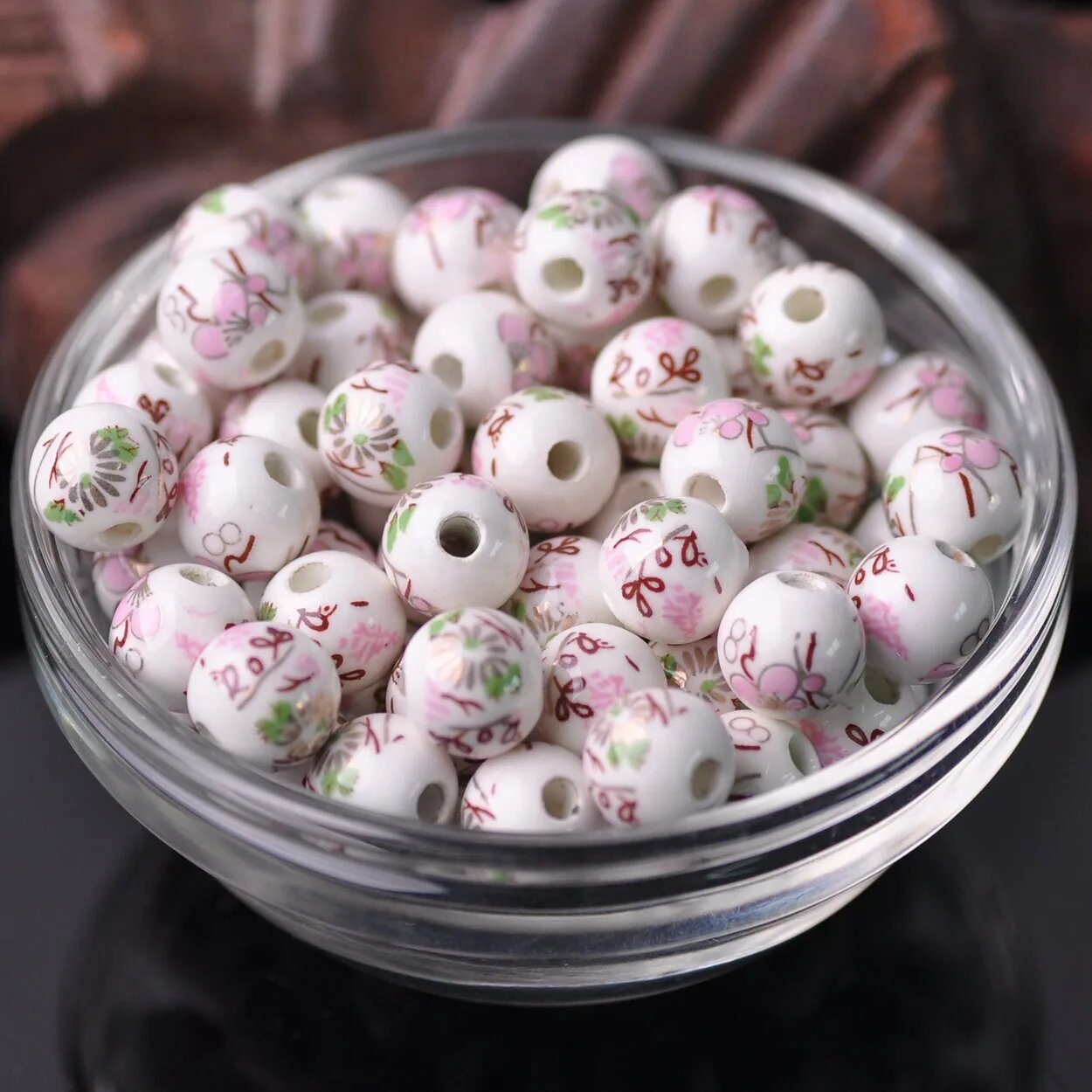 Керамические бусины с цветочным узором 10 шт Белый, 10mm, Pattern 132