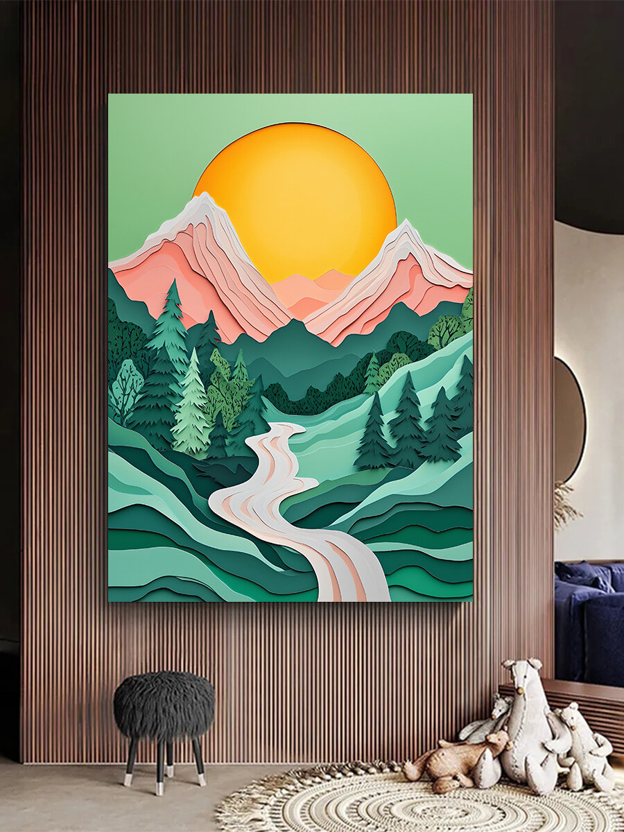 Природа 3d / горы, солнце, картина на холсте / в интерьер, 30х40 см, киригами
