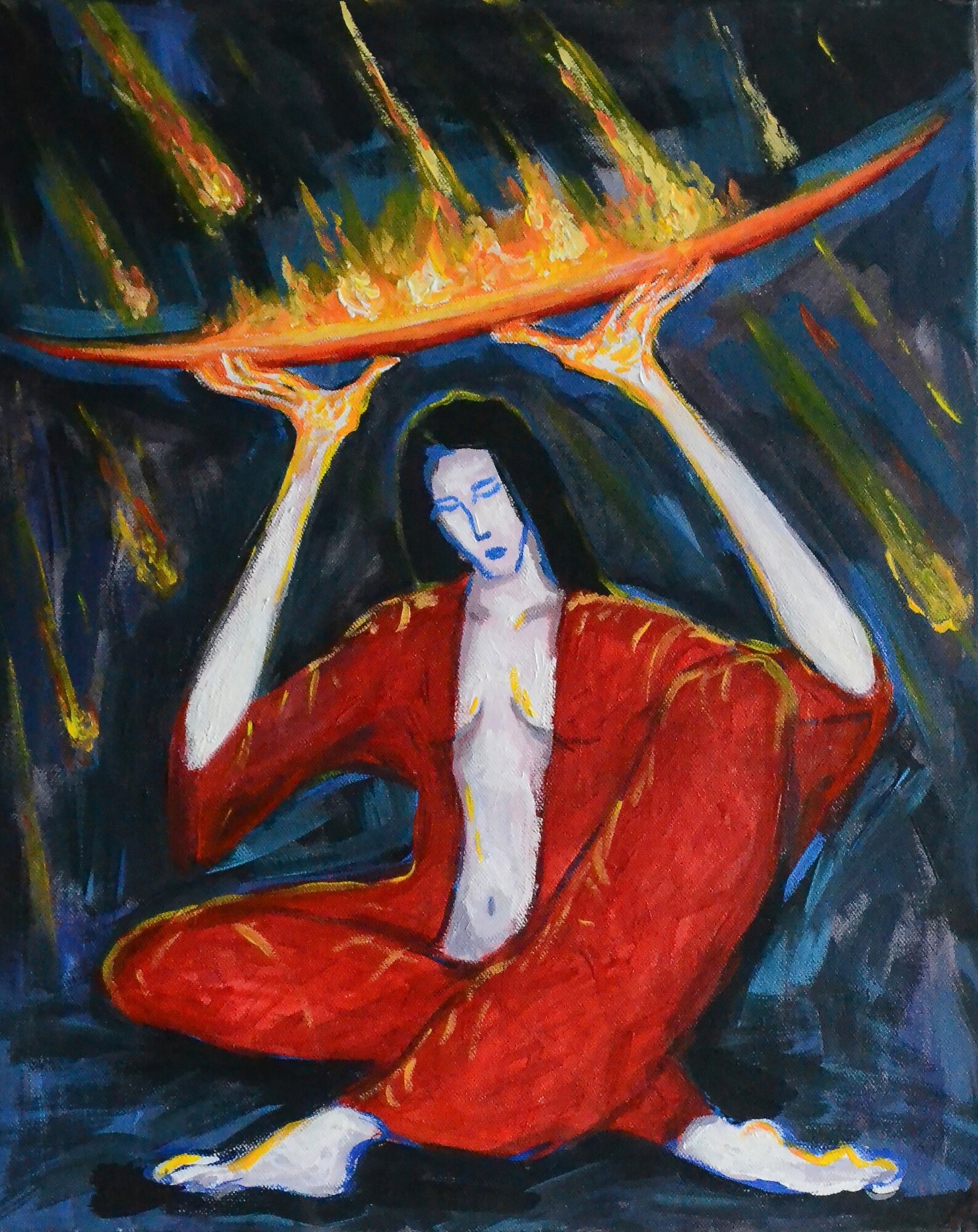 Картина "Звездопад" на холсте, 50x60 см, женщина с огненной ладьей