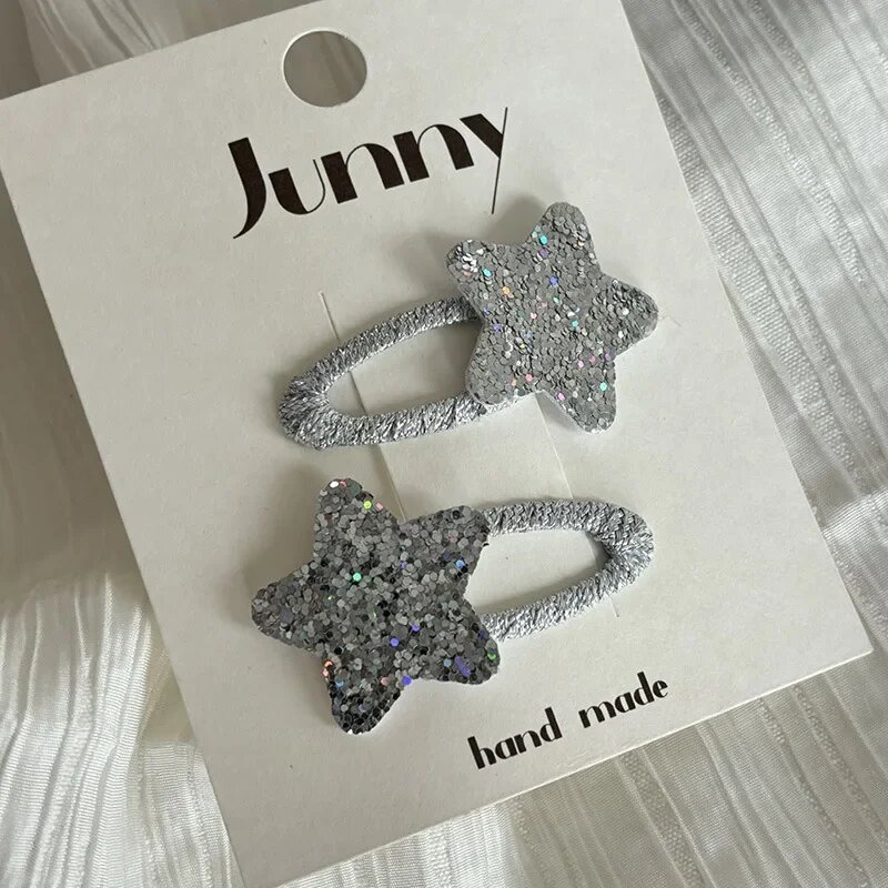 1 пара серебряных заколок для волос из искусственной кожи, головные уборы, милые блестящие заколки в форме сердца, аксессуары для волос со звездами, украшение для волос, подарок для девочек