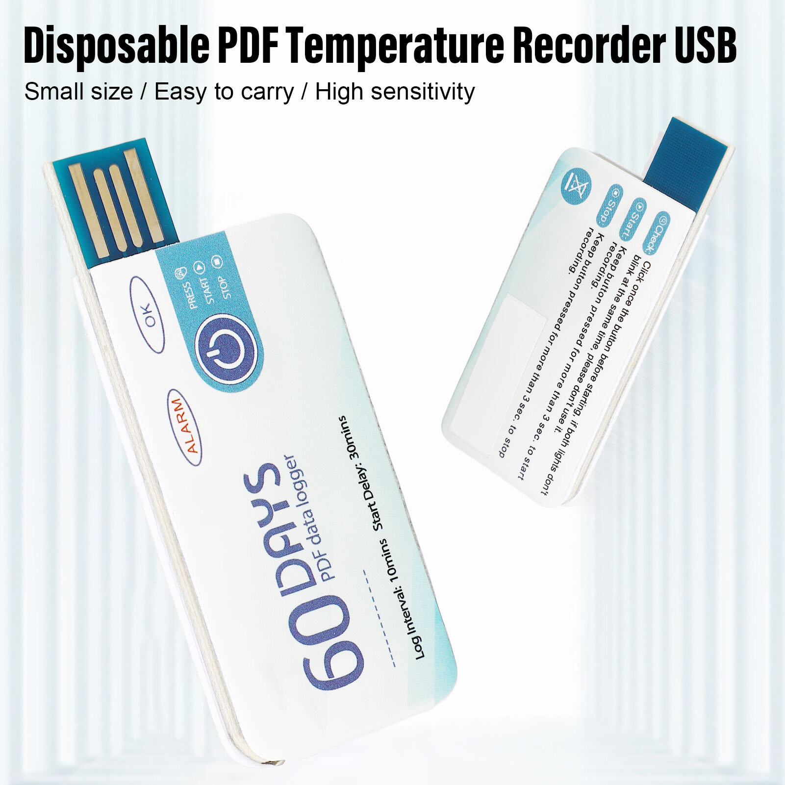 USB Temperature Data Recorder, 10000 Groups Storage, Disposable, Portable, Model TempU05, Material ABS, Size 67x28mm, Accuracy ±0.5℃ (-20℃ to 40℃), Out of Range ±1℃, Recording Interval 10 minute, Alarm Temperature Range 8℃, Delay Recording 30 minutes,