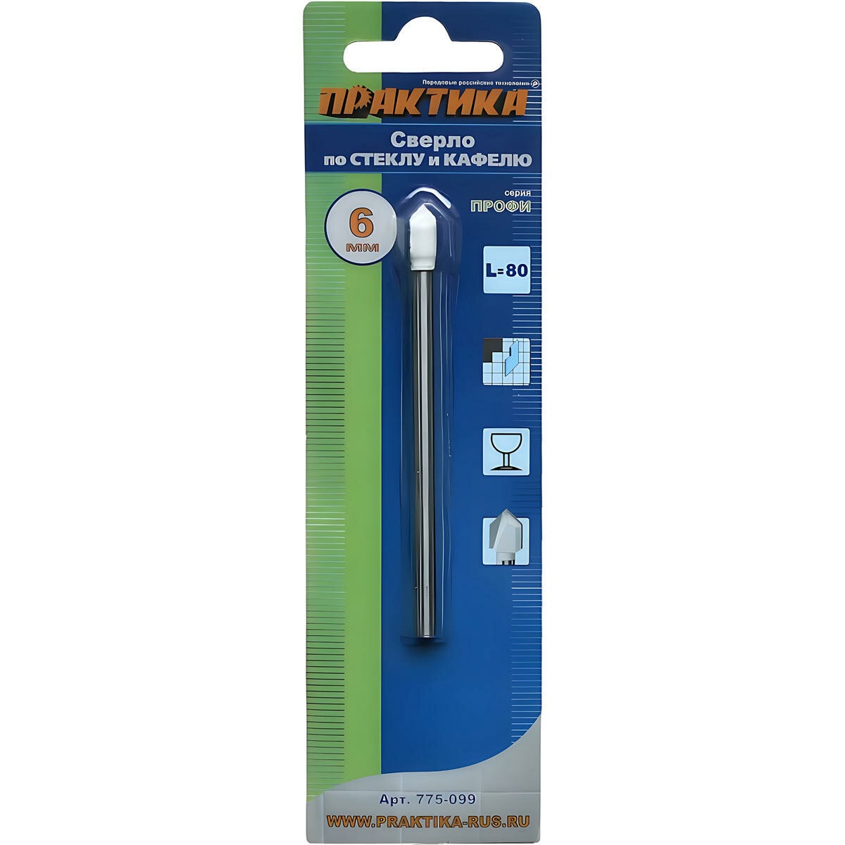 Сверло по стеклу 6.0 х 80 мм V-тип Профи ПРАКТИКА 775-099