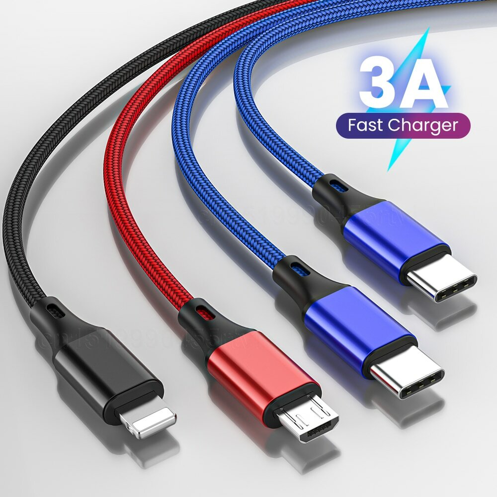В 1 USB-кабель 3 в 1 USB A на Micro USB/Type C/8-контактный кабель для зарядного устройства iPhone 3A шнур для быстрой з