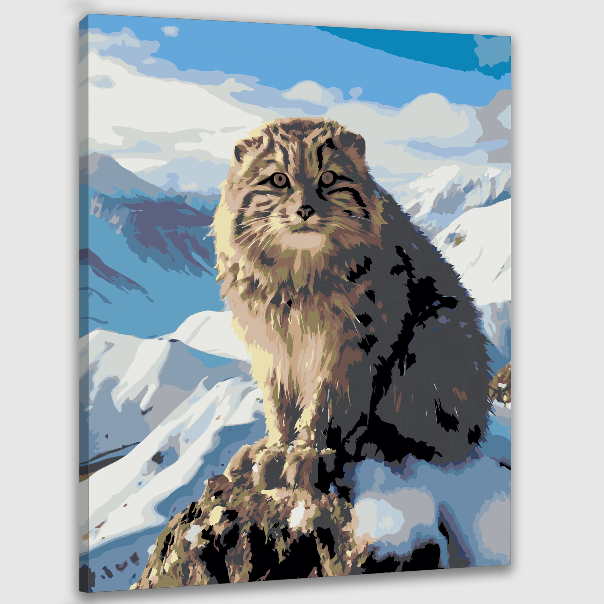 Картина по номерам 40x50 см, манул, скалистый выступ, заснеженные долины, аэрофотоснимок, горы, небольшое присутствие