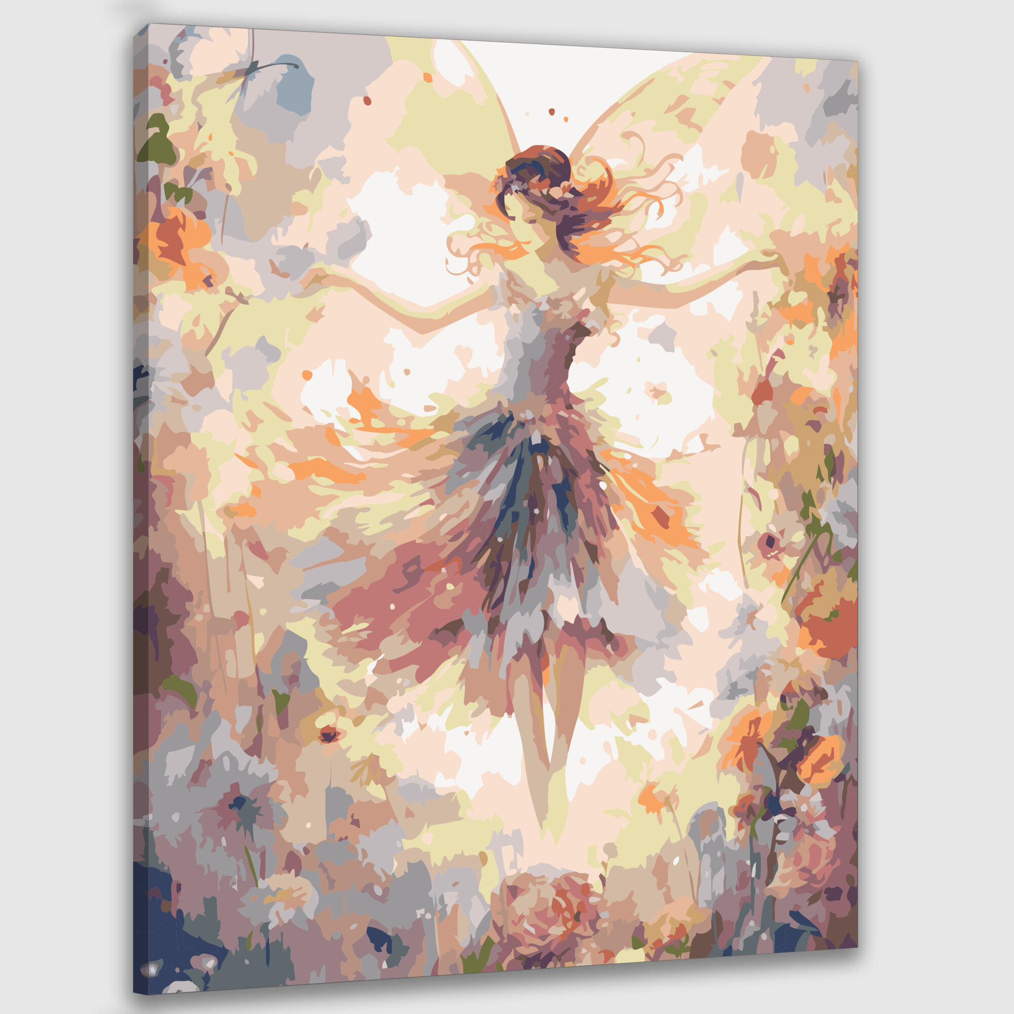 Картина по номерам 40x50 см, акварельная иллюстрация, фея, радужные крылья, танец, поляна, цветущее поле, радость, лес