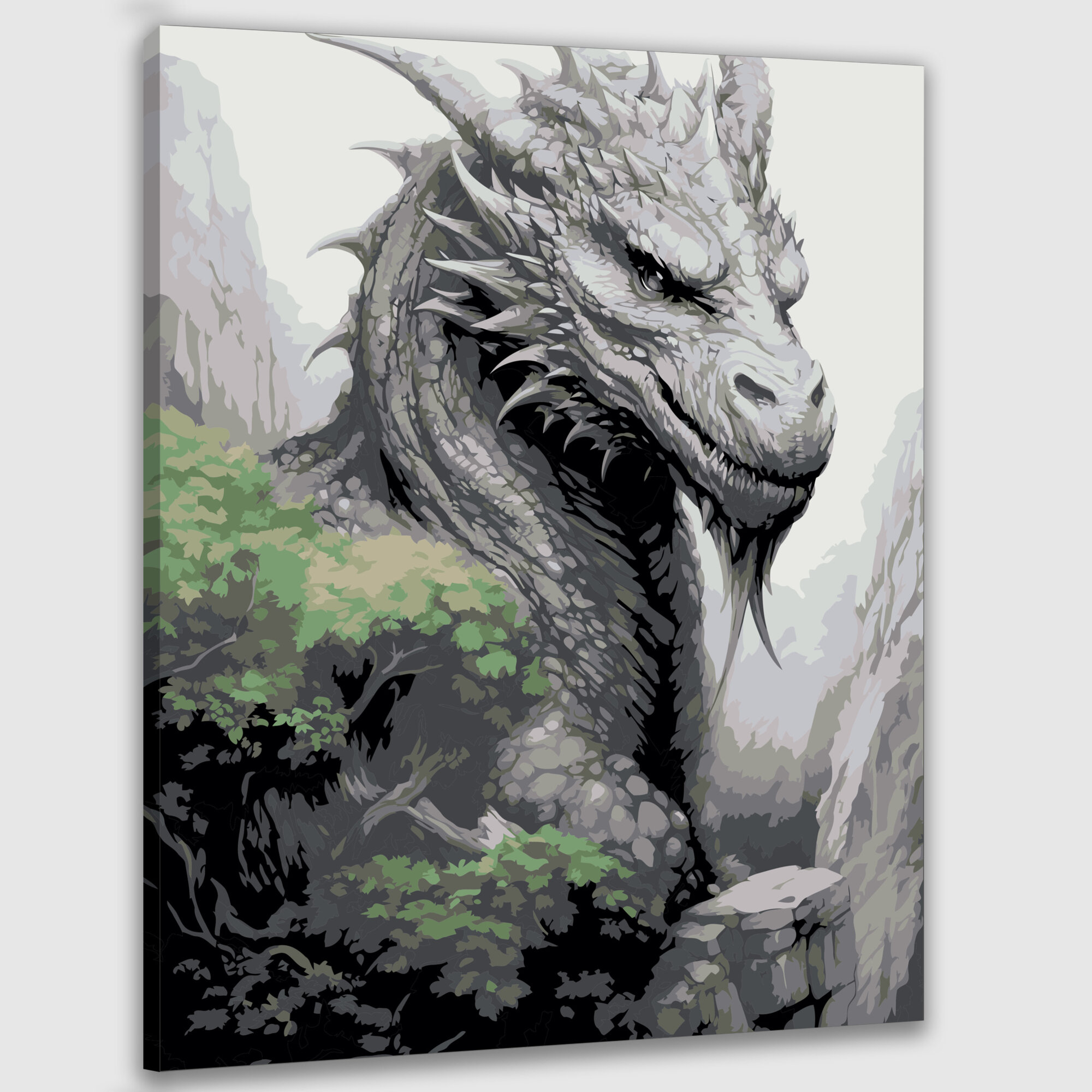 Картина по номерам 40x50 см, зеленый дракон, графитовый рисунок, скалистый выступ, чешуя, выражение лица, растушевка