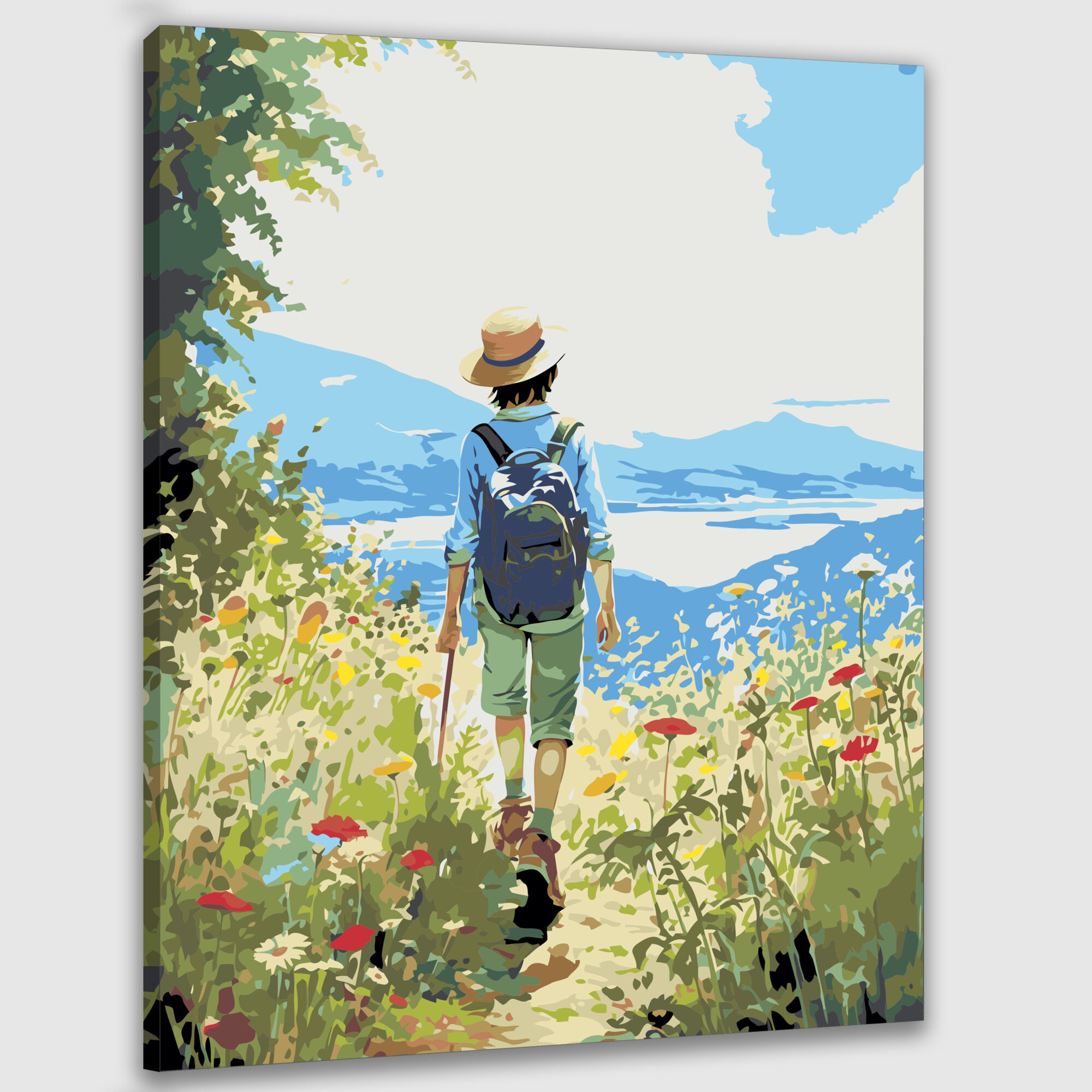 Картина по номерам 40x50 см, акварельная картина, мальчик, соломенная шляпа, рюкзак, приключение, луг, солнце