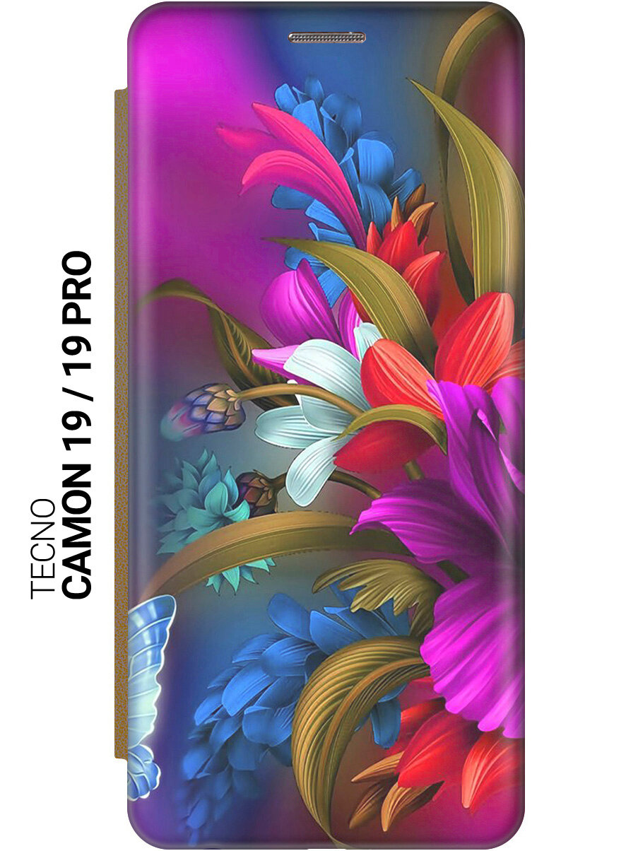 Чехол-книжка на Tecno Camon 19 / 19 Pro / Техно Камон 19 / 19 Про с рисунком "Фантастические цветы" золотой