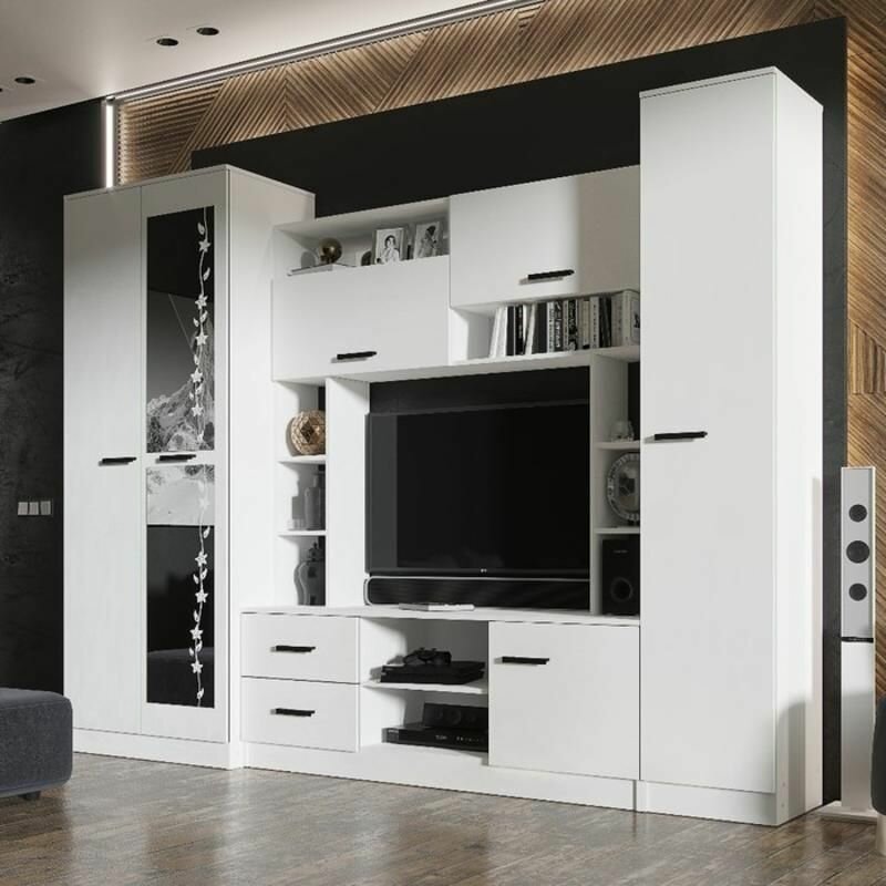 Cтенка в гостиную "Марта" Белый гладкий, под телевизор со шкафом, напольная, горка в гостиную, в зал, тв зона, ширина 270 см, с зеркалом