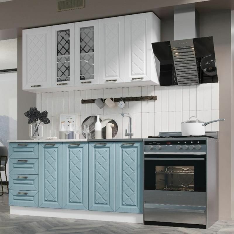 Кухня Агава 1600х600 акация белая/аква, для кухни, для дома, с полками и выдвижными ящиками