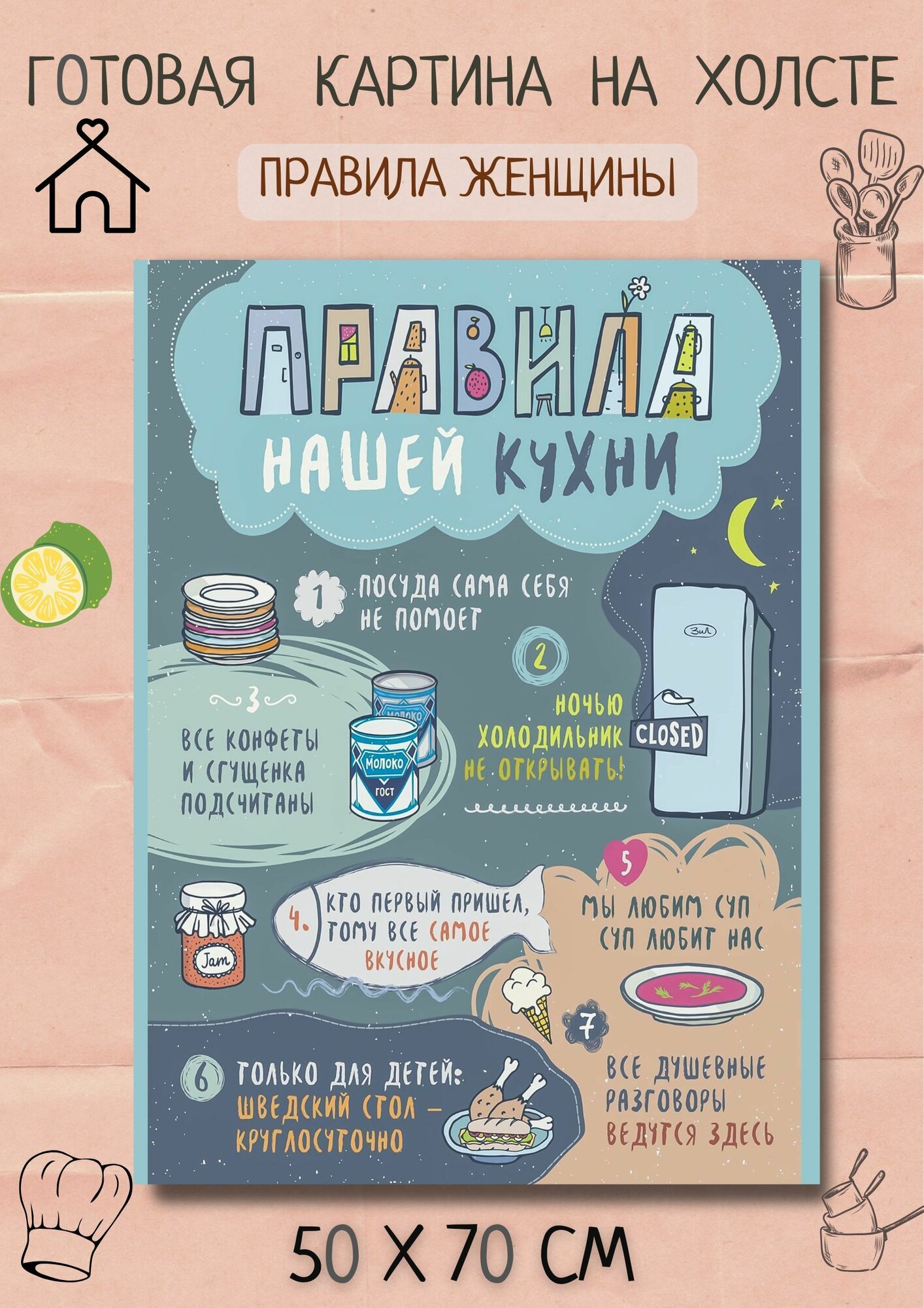 Картина на холсте "Правила нашей кухни" 70х50 см интерьерная
