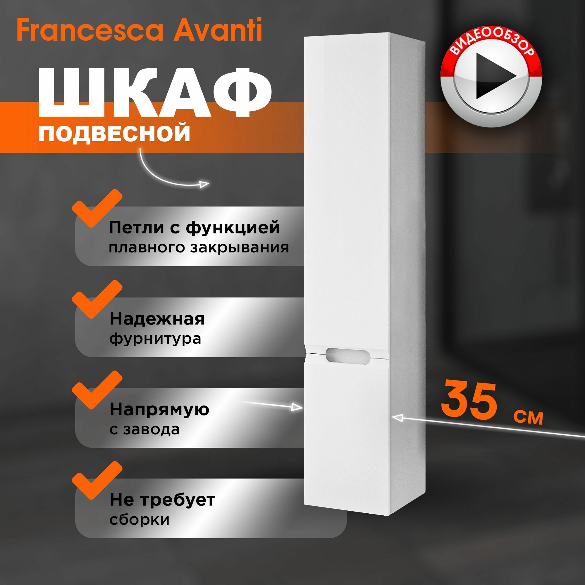 Шкаф пенал для ванной Слим 35 подвесной, белый матовый (левый)