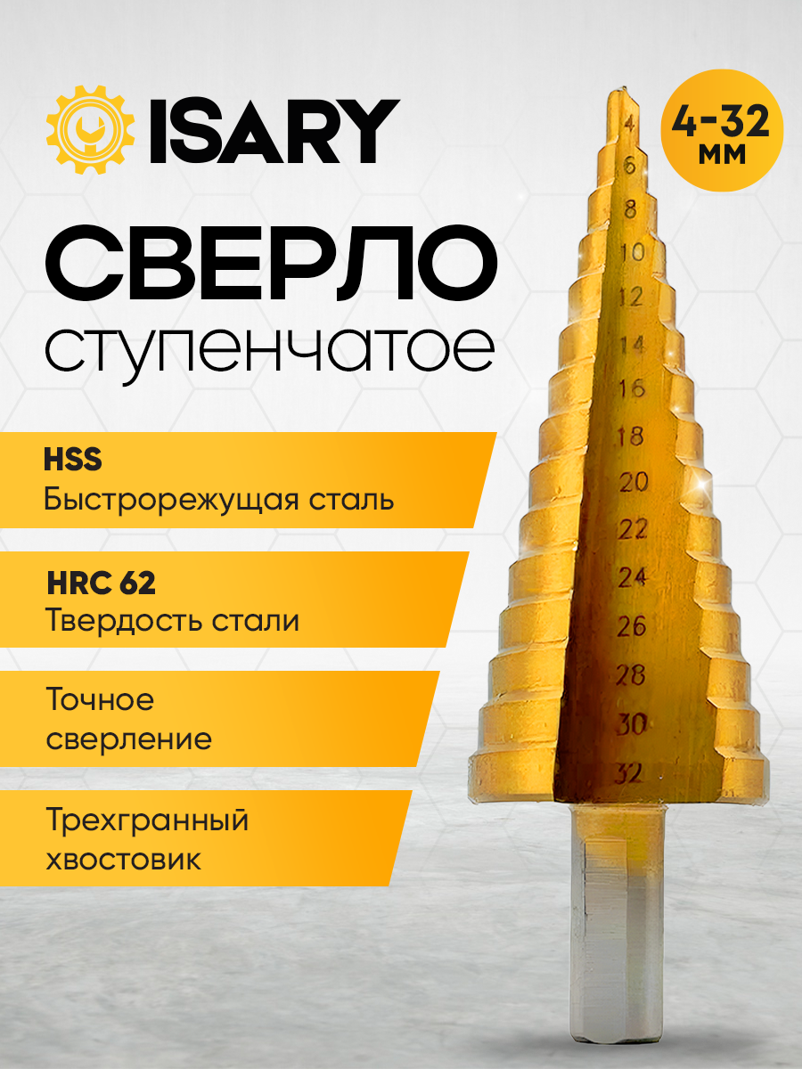 Ступенчатое сверло, 4-32мм, для металла, алюминия, пластика, конусное, HSS