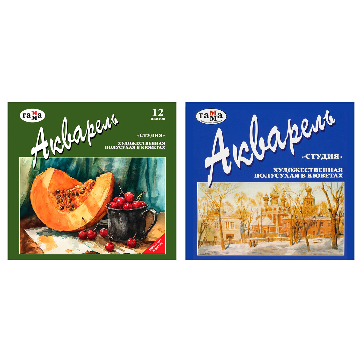 Акварельный набор гамма "Студия" 12 цветов, кюветы, картонная коробка