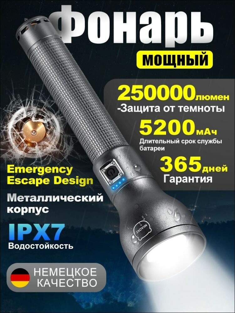 250000 люмен фонарик аккумуляторный ручной светодиодный, с стеклобоем
