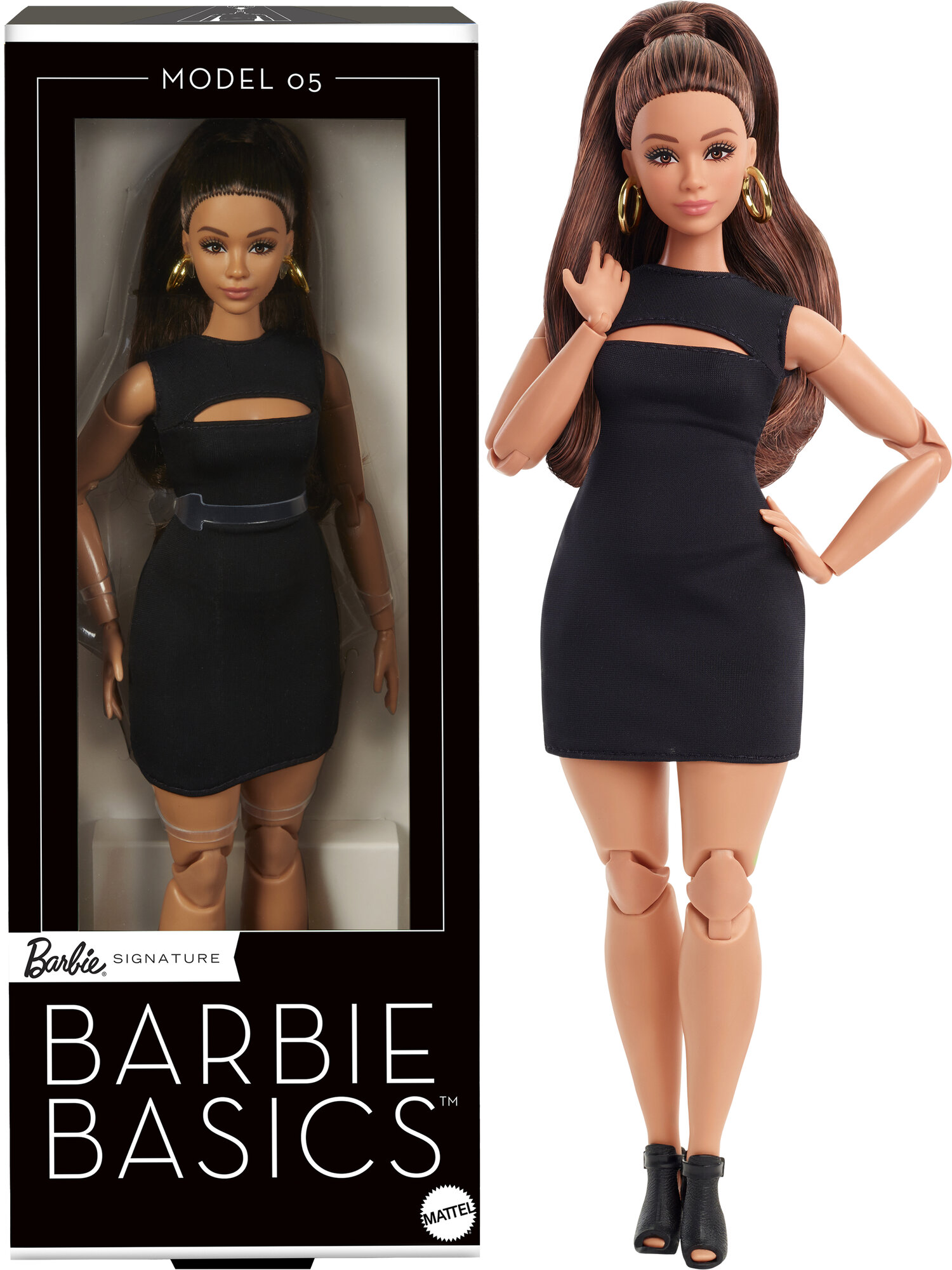 Коллекционная кукла Barbie Basics, модель 05 с темными волосами, в черном платье и на каблуках