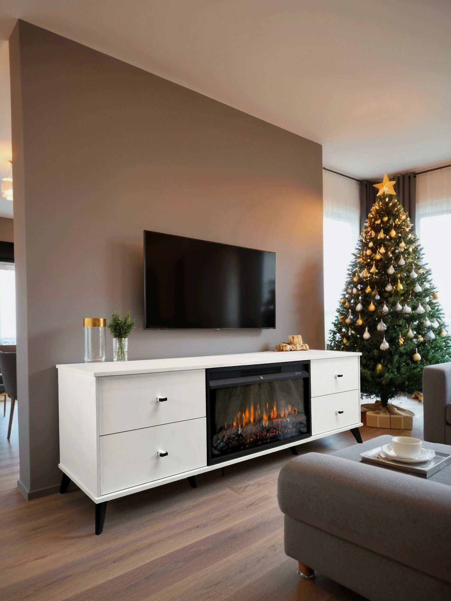 Камин электрический с эффектом пламени Flash с порталом - тумбой VITAMIN (ШхВхГ) 220х61,4х40 см, звук, обогрев, пульт