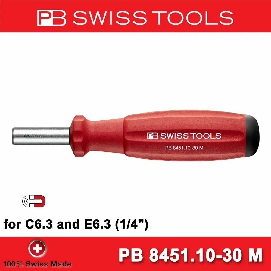 PB SWISS TOOLS Ручка отвертки, для бит C6 и E6,135 мм, PB 8451.10-30 M