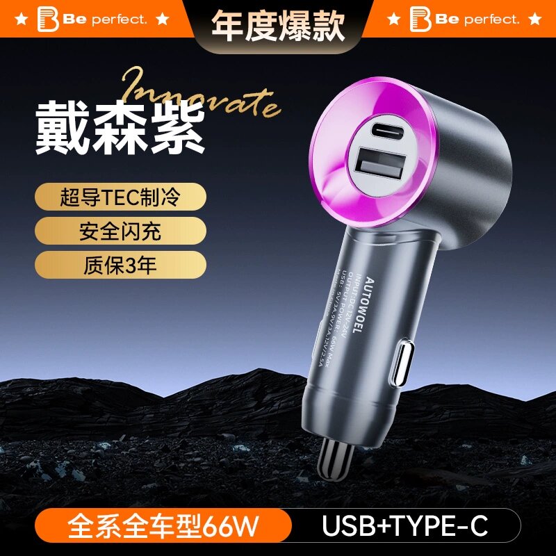 Dyson Пурпурный автомобильный зарядный устройство 66 Вт с двумя портами USB-C и охлаждением TEC для iPhone 16,