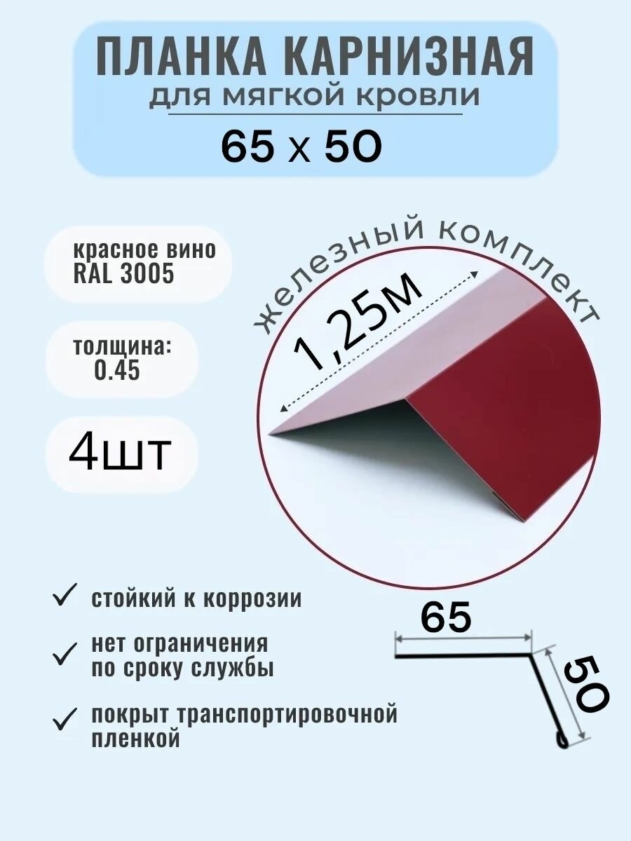 Карнизная планка-капельник 65х50 , 4 штуки по 1,25м, цвет Красное вино