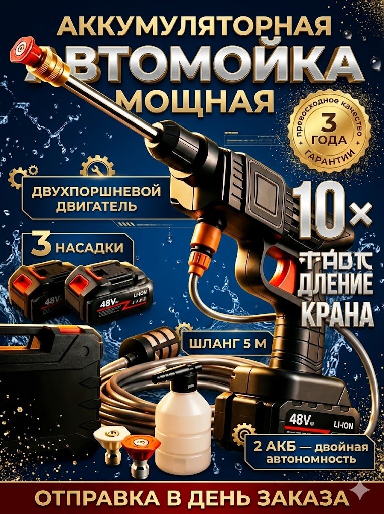 Мойка высокого давления аккумуляторная для автомобиля, Автомойка, в кейсе 2 аккумулятора, 3 насадки