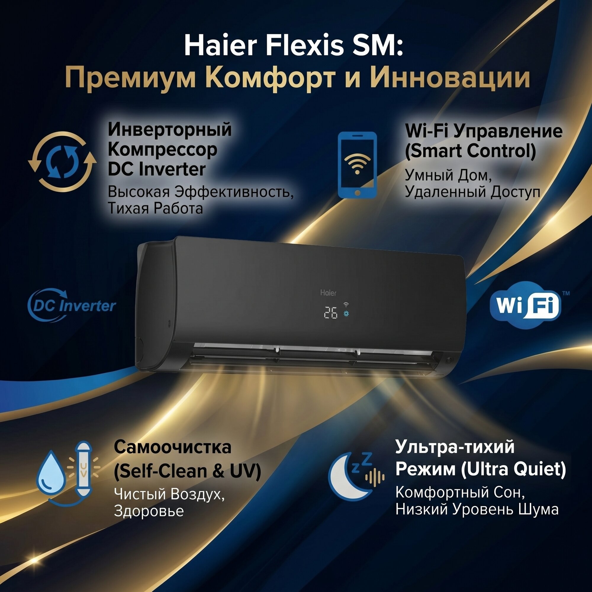 Кондиционер HAIER Flexis SM AS25S2SF3FA-B / 1U25S2SM4FA, инвертор, WI-FI, Ecosensor