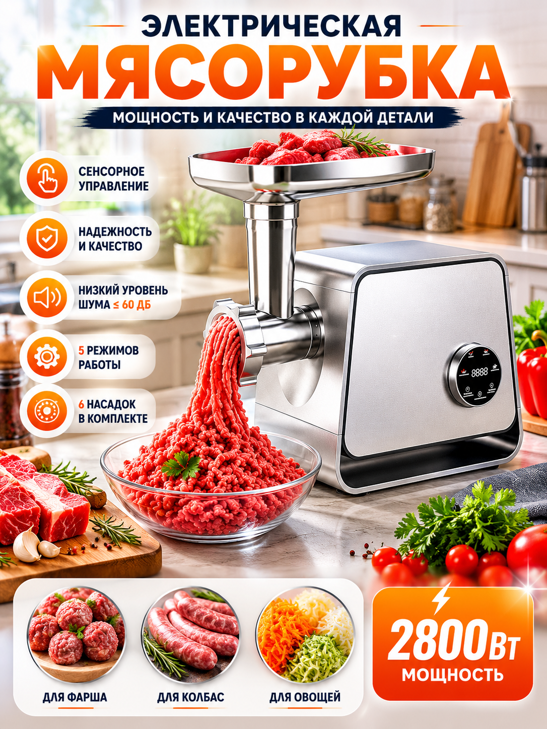 Мясорубка электрическая, сенсорное управление, с насадками, мощность 2800Вт, 5 кг/мин