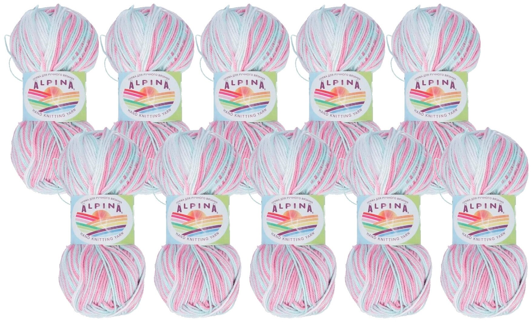 Пряжа Alpina "KATRIN" 100% мерсеризованный хлопок №6054 розовый-св. голубой-белый - 10 мотков по 50 г