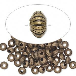 Бусина металлическая, 5х3мм, биконус, с бороздками, базовый материал - латунь, античный позолоченный (цвет - бронза), 10 шт.