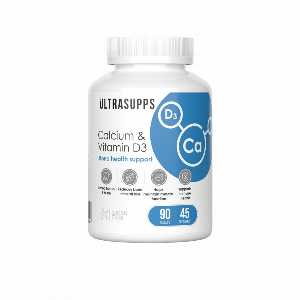 Кальций и Витамин Д3 UltraSupps таблетки массой 1700 мг, 90 таблеток / комплекс витаминов для женщин и мужчин для костей, для волос, ногтей