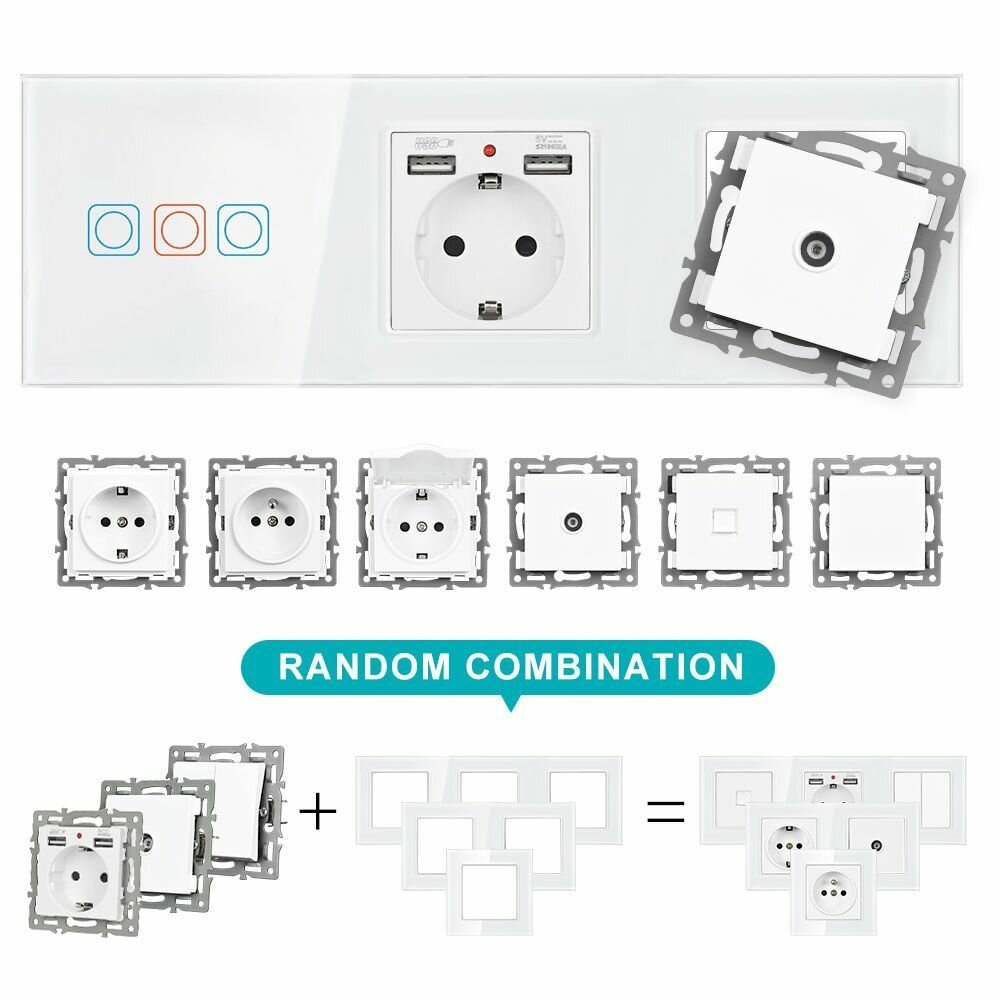 Розетка электрическая с USB/TYPE-C AC, 2 пост 16А, рамка 153*82mm стекло, 5 вольт,3.1A