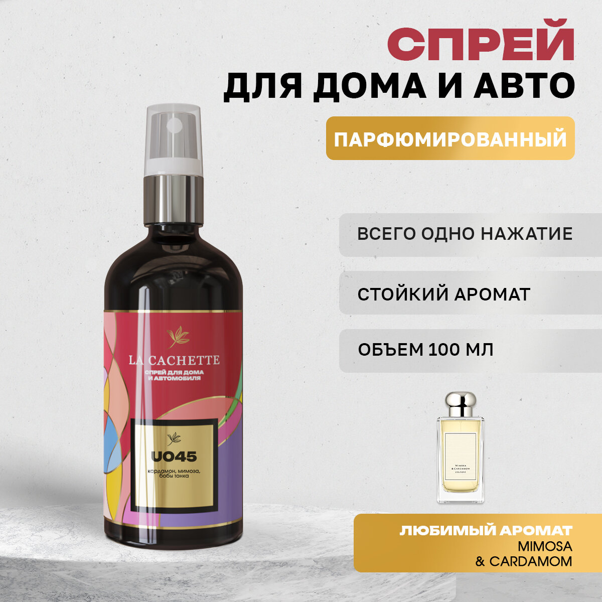Парфюм для авто и дома La Cachette U045 Mimosa & Cardamom, 100 мл спрей (Унисекс аромат)