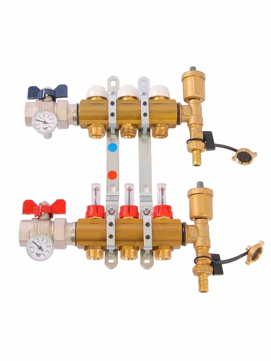 Коллекторная группа Tiemme 3 вых. 1" x 3/4 с термометром и расходомерами 3870008(3871G060503)