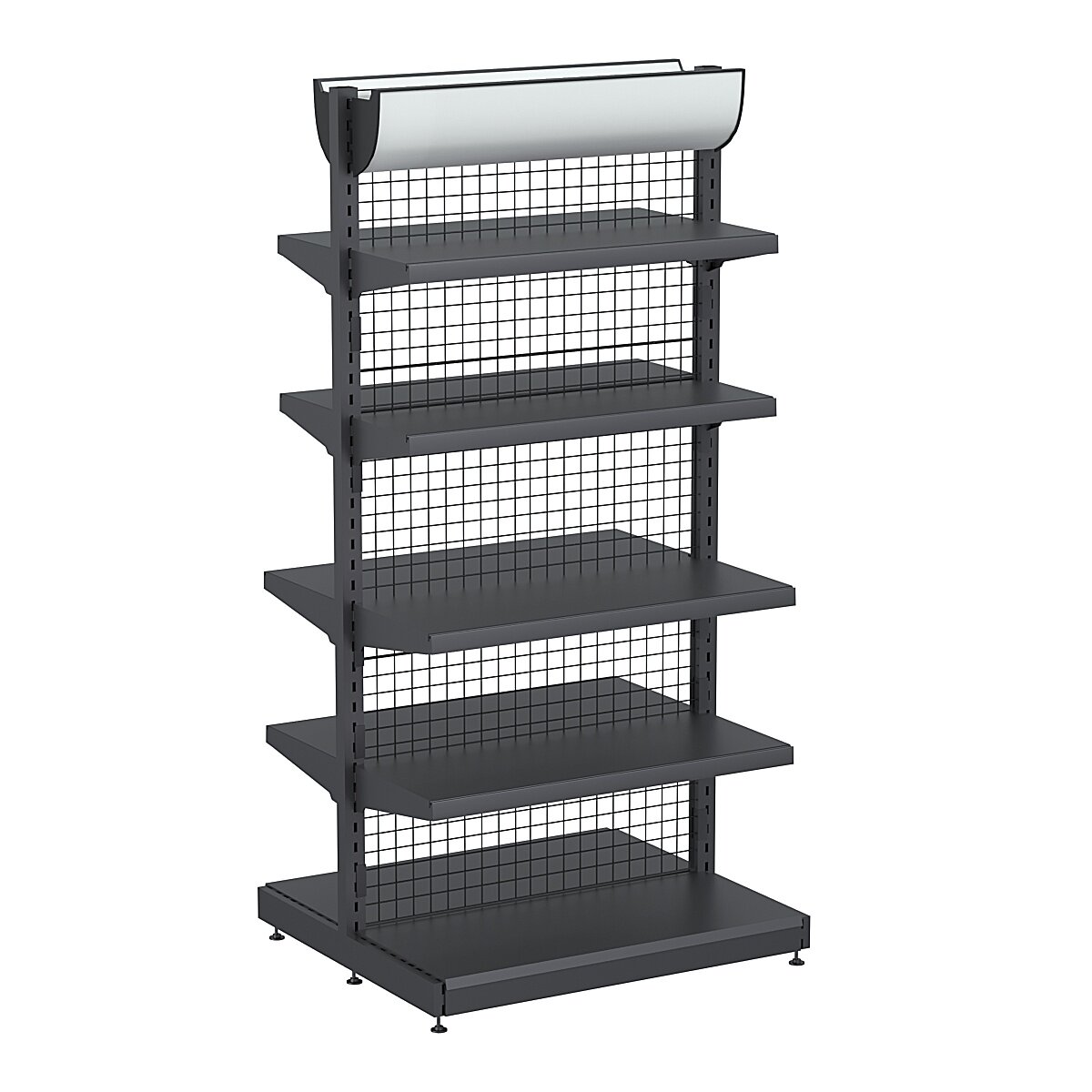 Стеллаж торговый металлический островной с сетчатой задней стенкой "графф" №7-2.15-1Ф с полками и лайтбоксом