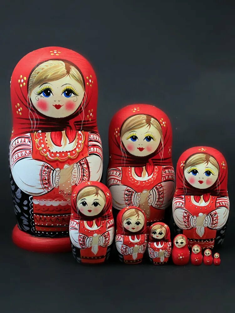 Матрешка "Русские матрешки", ручная роспись, 10 предметов, красные