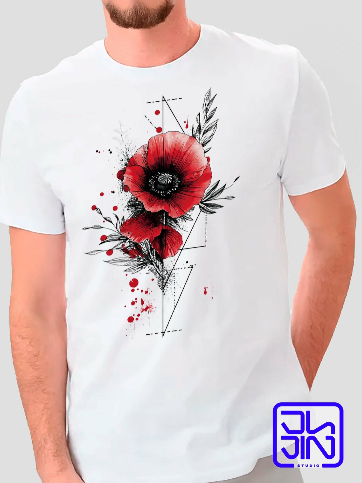 Футболка классическая мужская с авторским принтом Черно-красный геометрический принт с маками, цветочными узорами и природой, белый хлопковый трикотаж с прикольным рисунком на груди