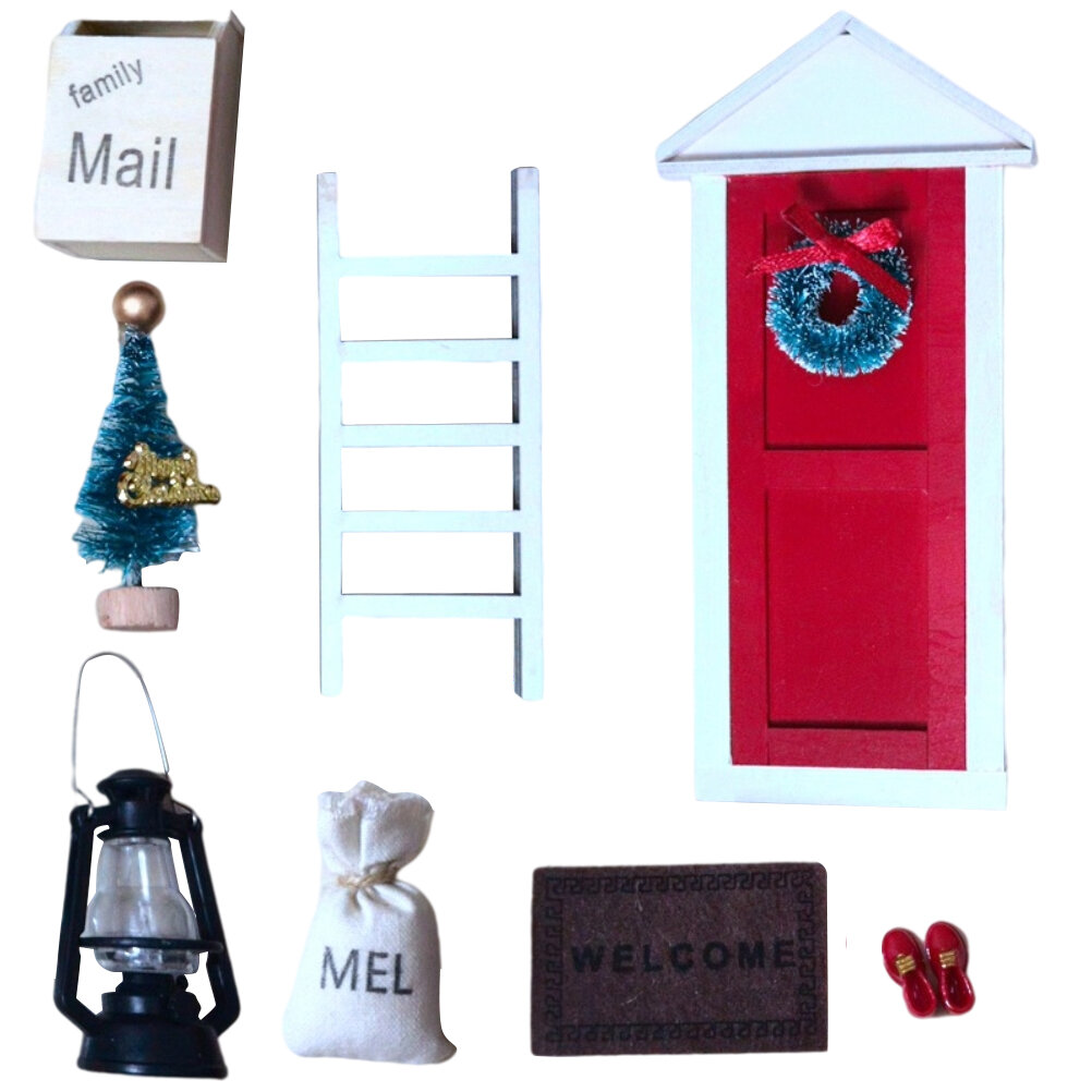 Декоративная дверь, модель кукольного домика, миниатюрный набор гномов, аксессуары, Рождественская елка, деревянная лестница, украшения, орнамент